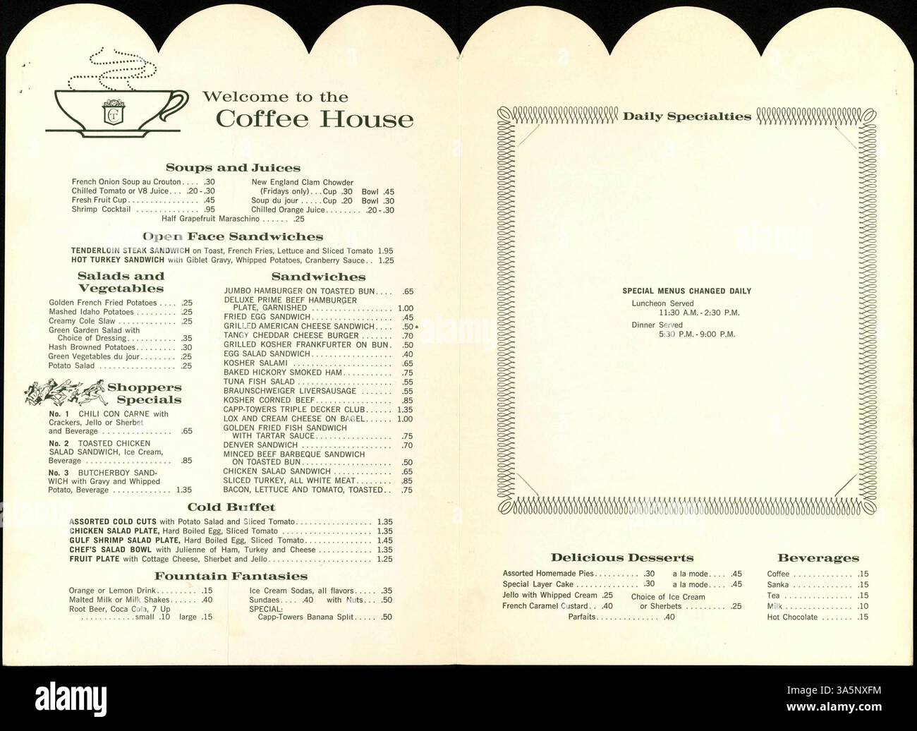 This vintage bi-fold menu from a coffee house features scalloped edges ...