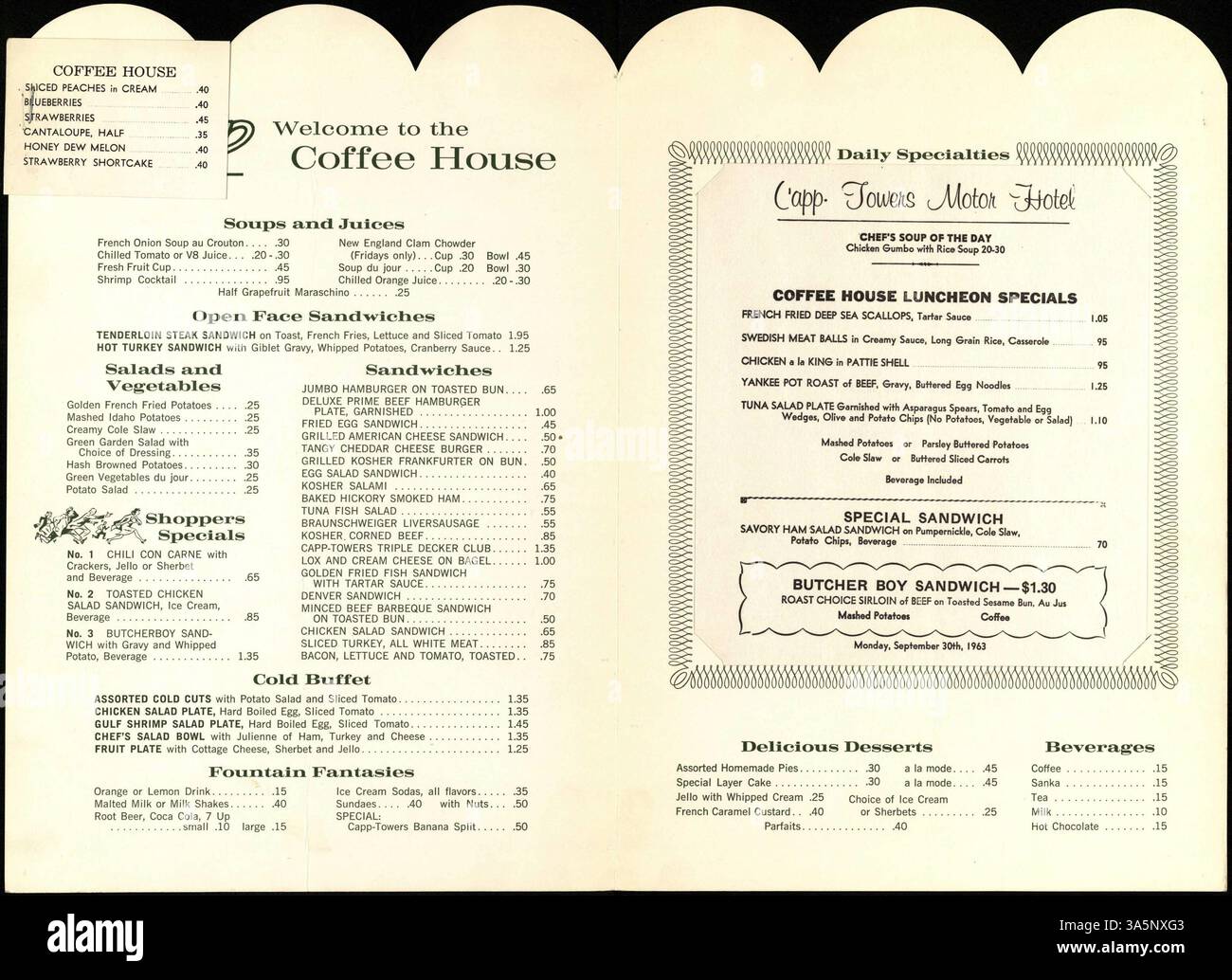 This vintage bi-fold menu from a coffee house features scalloped edges ...