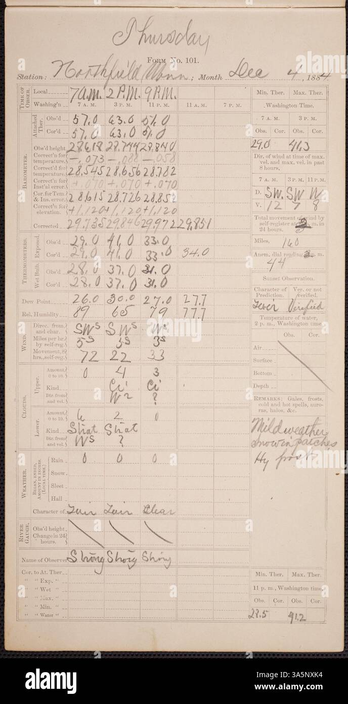 The Carleton College weather diaries from December 1884 document ...
