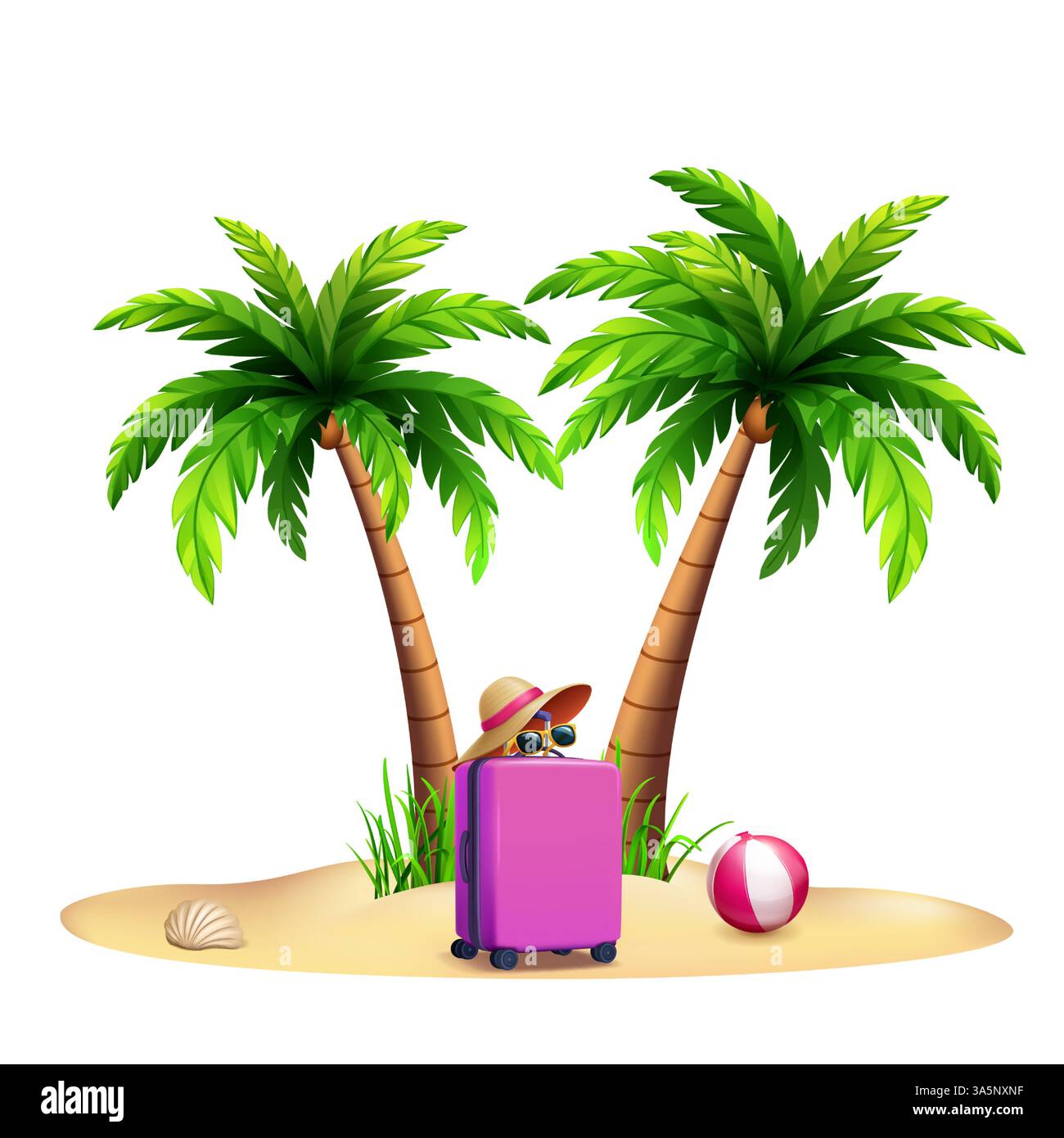 A tropical beach scene with a pink suitcase, a straw hat, and sunglasses resting on the sand ...