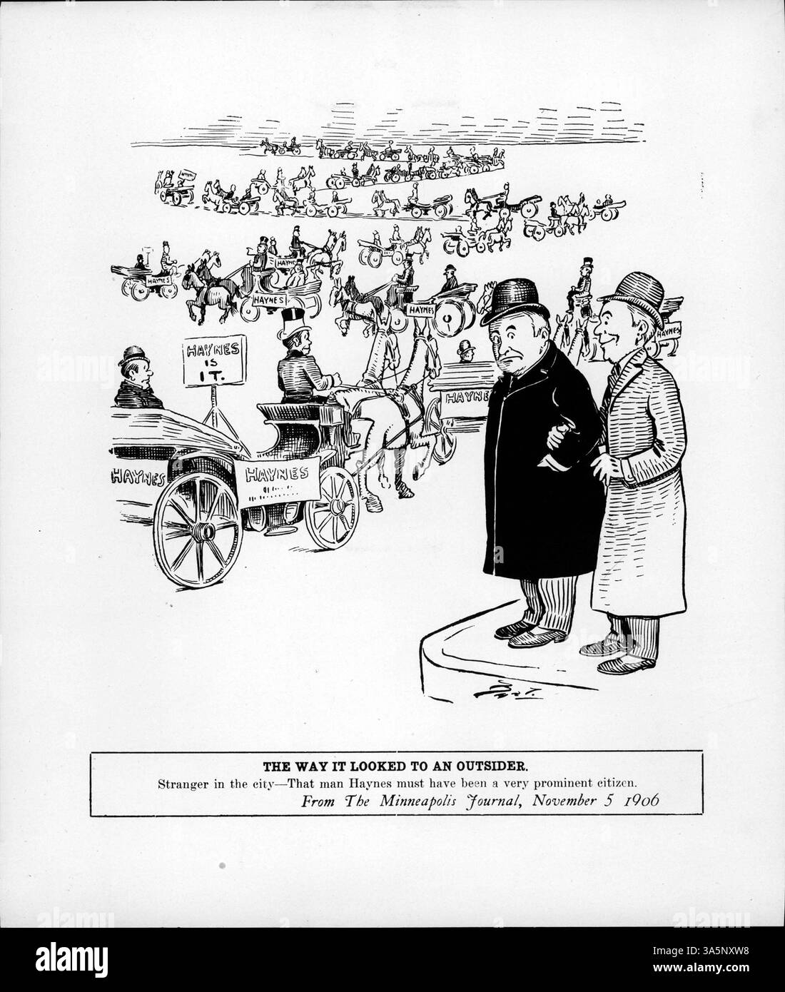 This cartoon depicts a funeral-like procession with carriages carrying ...