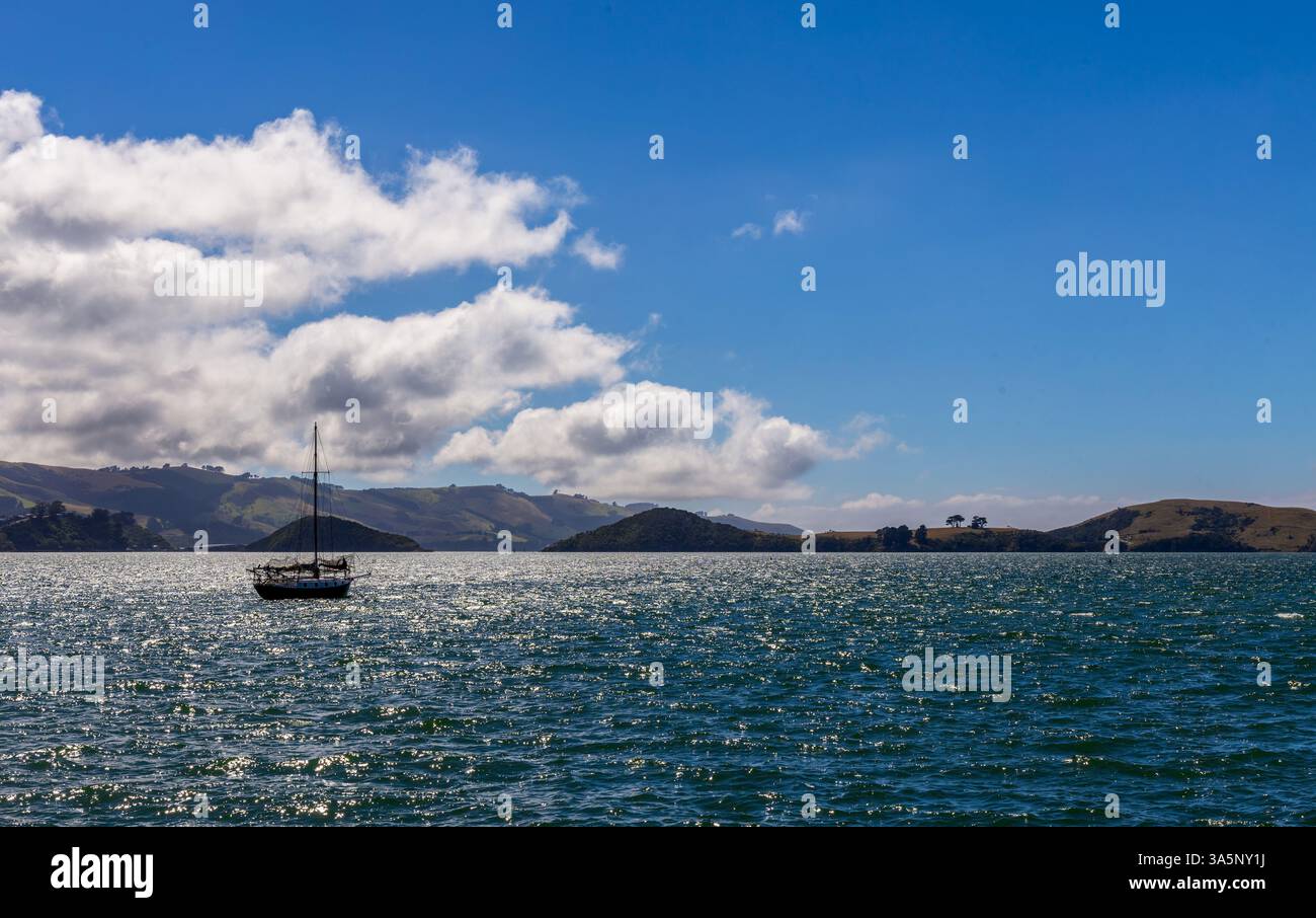 Scenic coastal view of Otago Harbor from Otago Peninsula, Dunedin, New ...