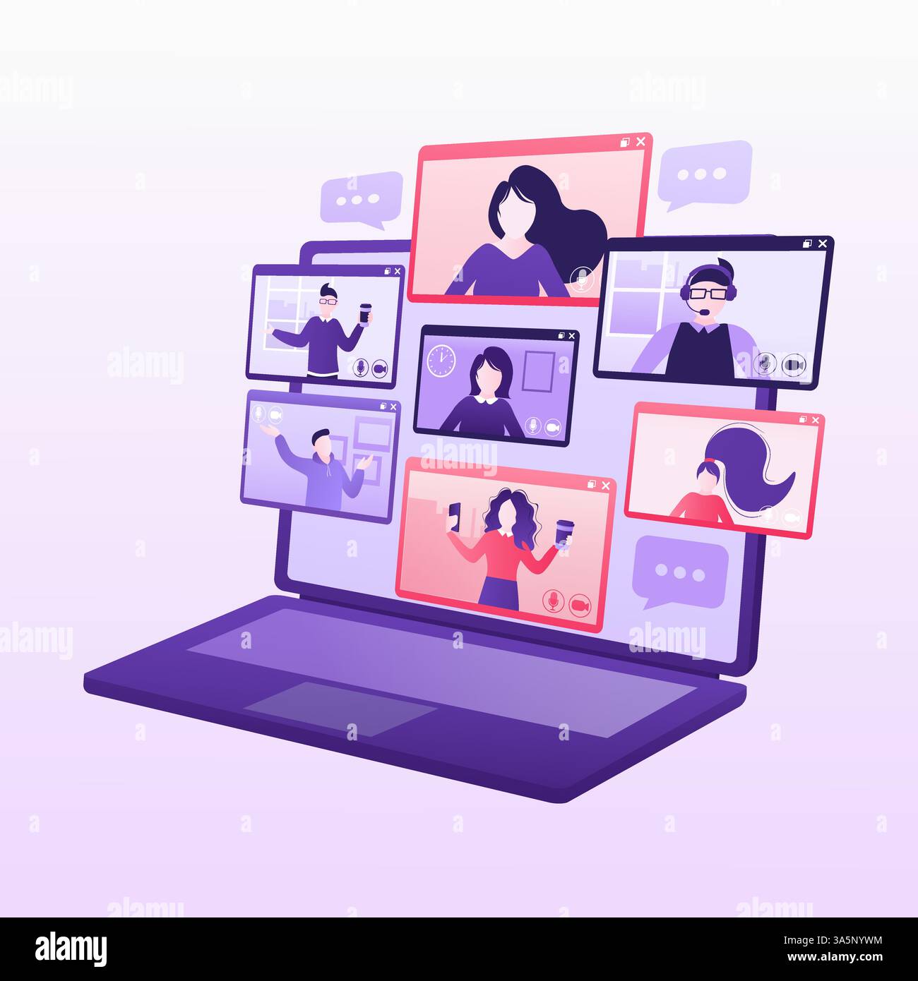Flat illustration. Video conference. Video call between friends ...