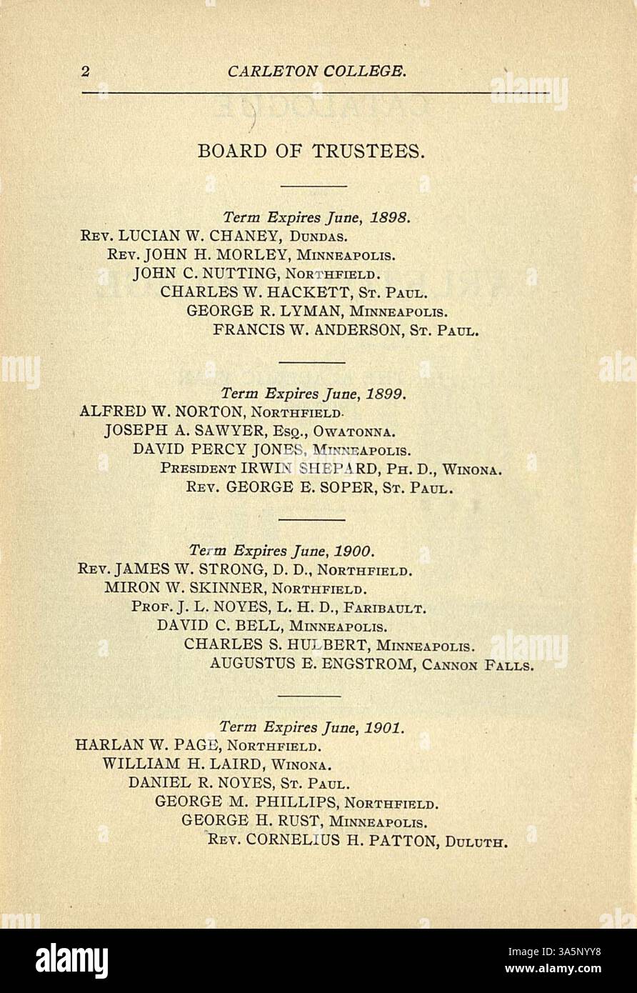 The Carleton College Academic Catalog for 1897-1898 features a list of ...