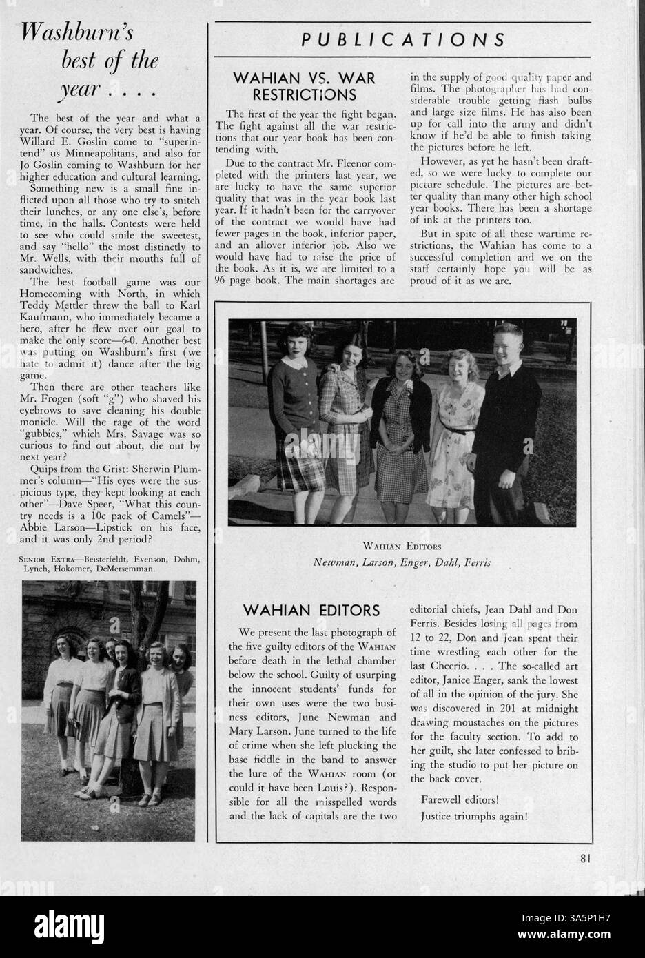 The 'Wahian' yearbook from 1945 captures Washburn High School's academic, athletic, and social ...