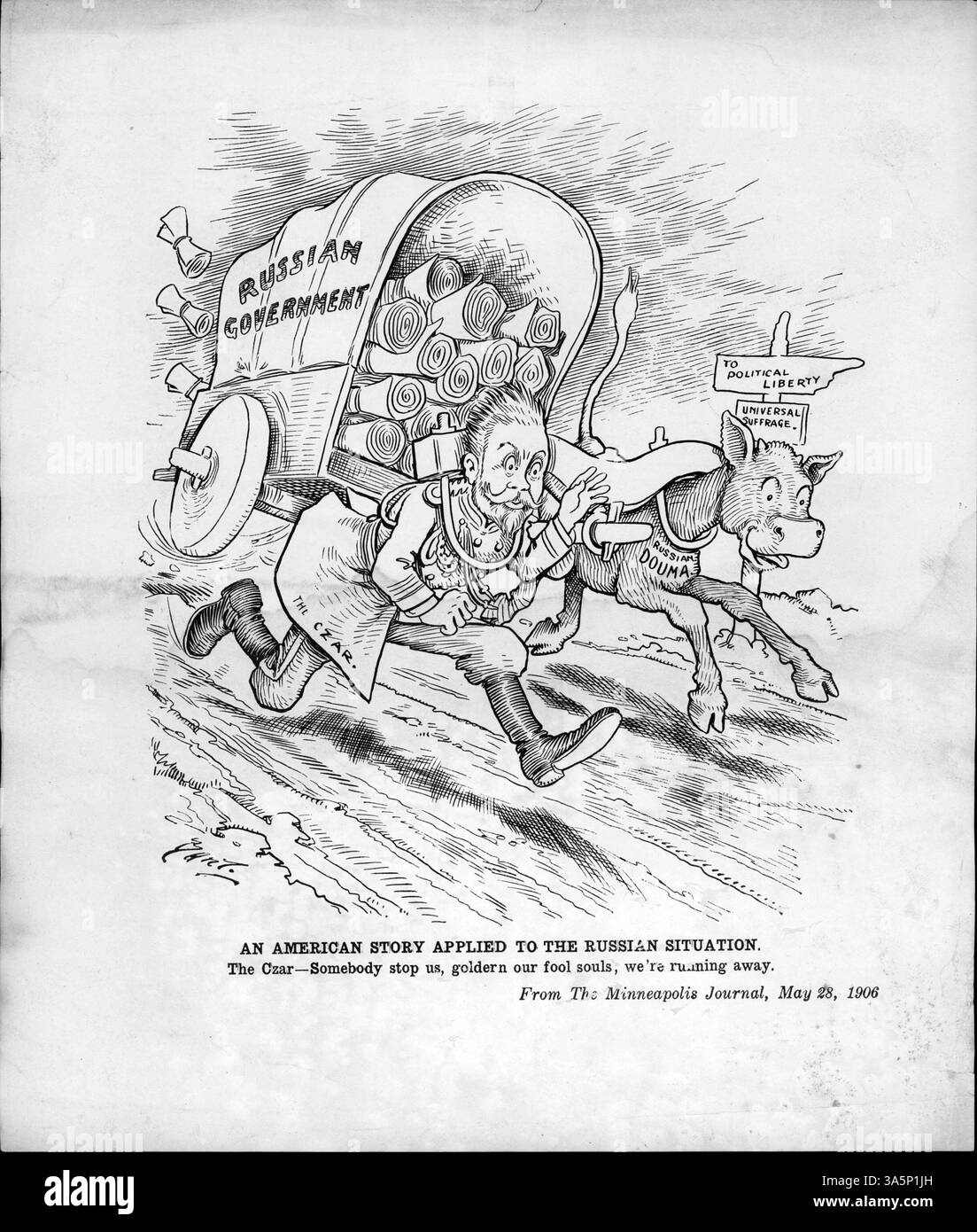 This cartoon shows the Russian Douma and Czar Nicholas pushing the ...