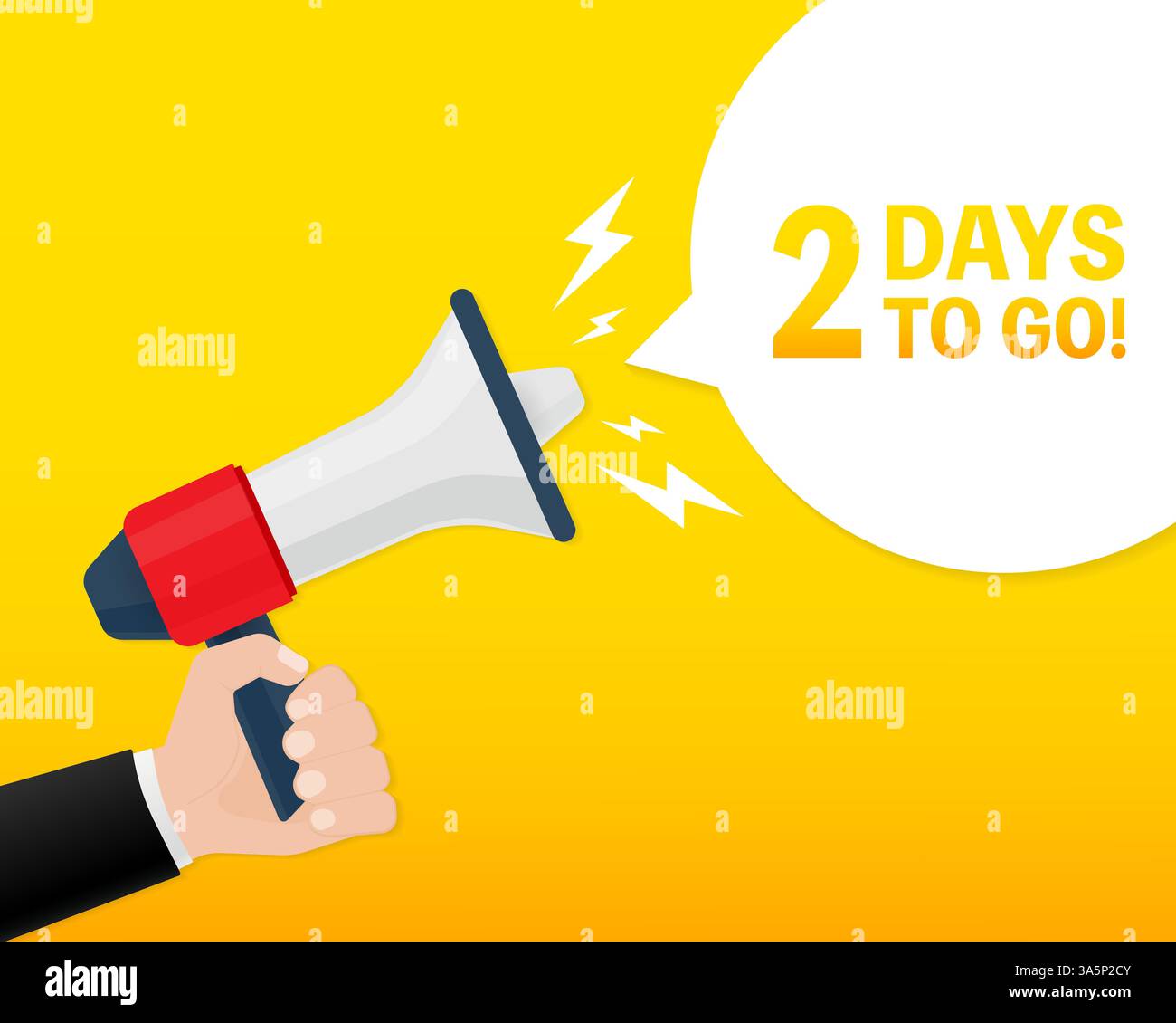 Modern poster with yellow 2 days to go megaphone. Modern red hand ...