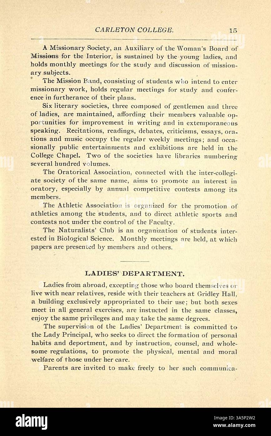 The 1894 1895 carleton college catalog provides information on academic courses hi-res stock ...