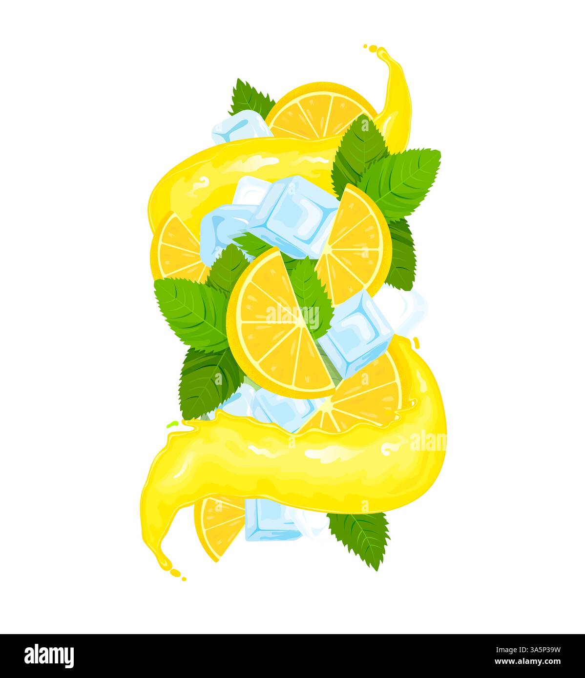 Lemon juicy drink splash with flat style juice wave, ice cubes, lime ...