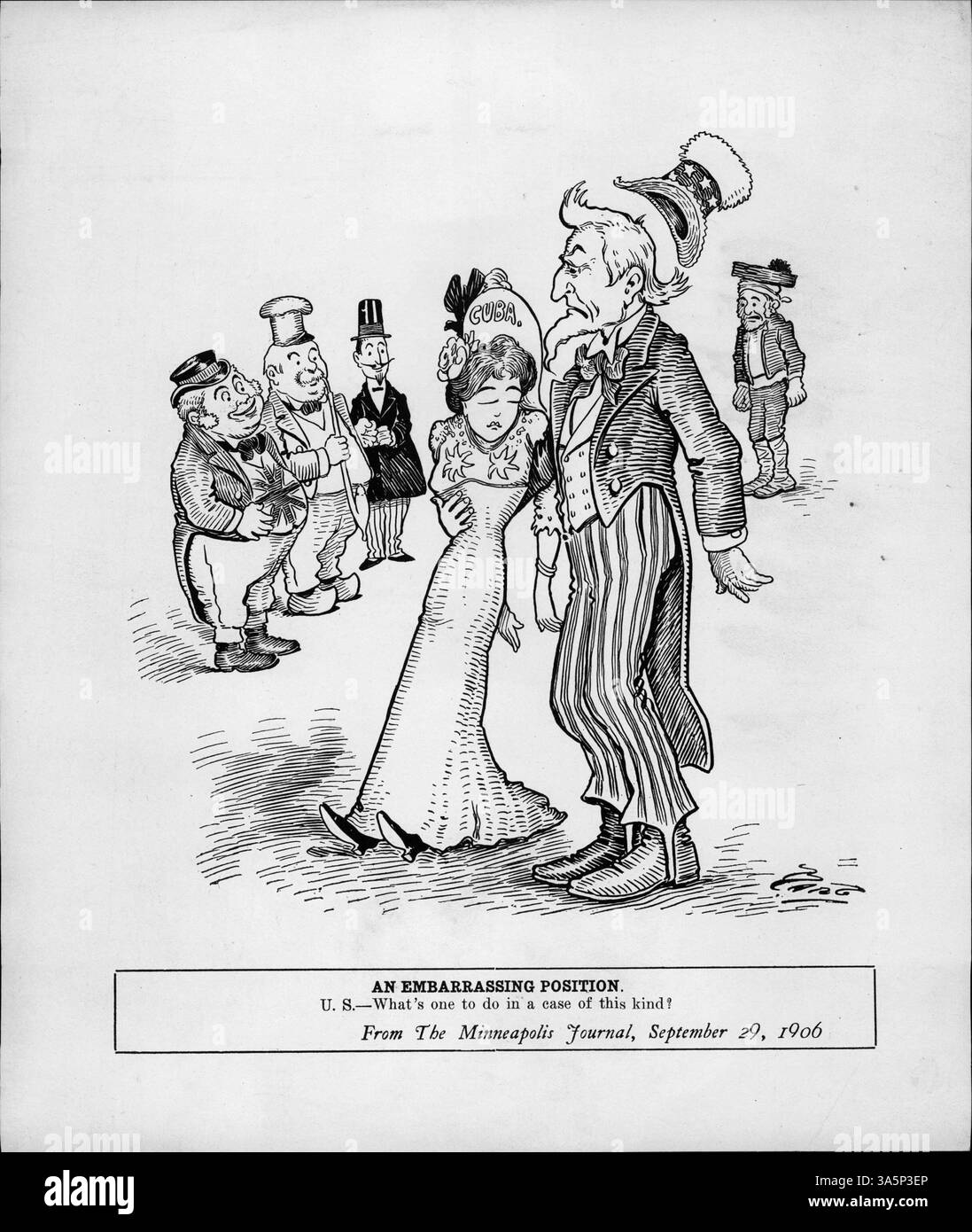 This illustration depicts lady cuba fainting on uncle sam hi-res stock ...