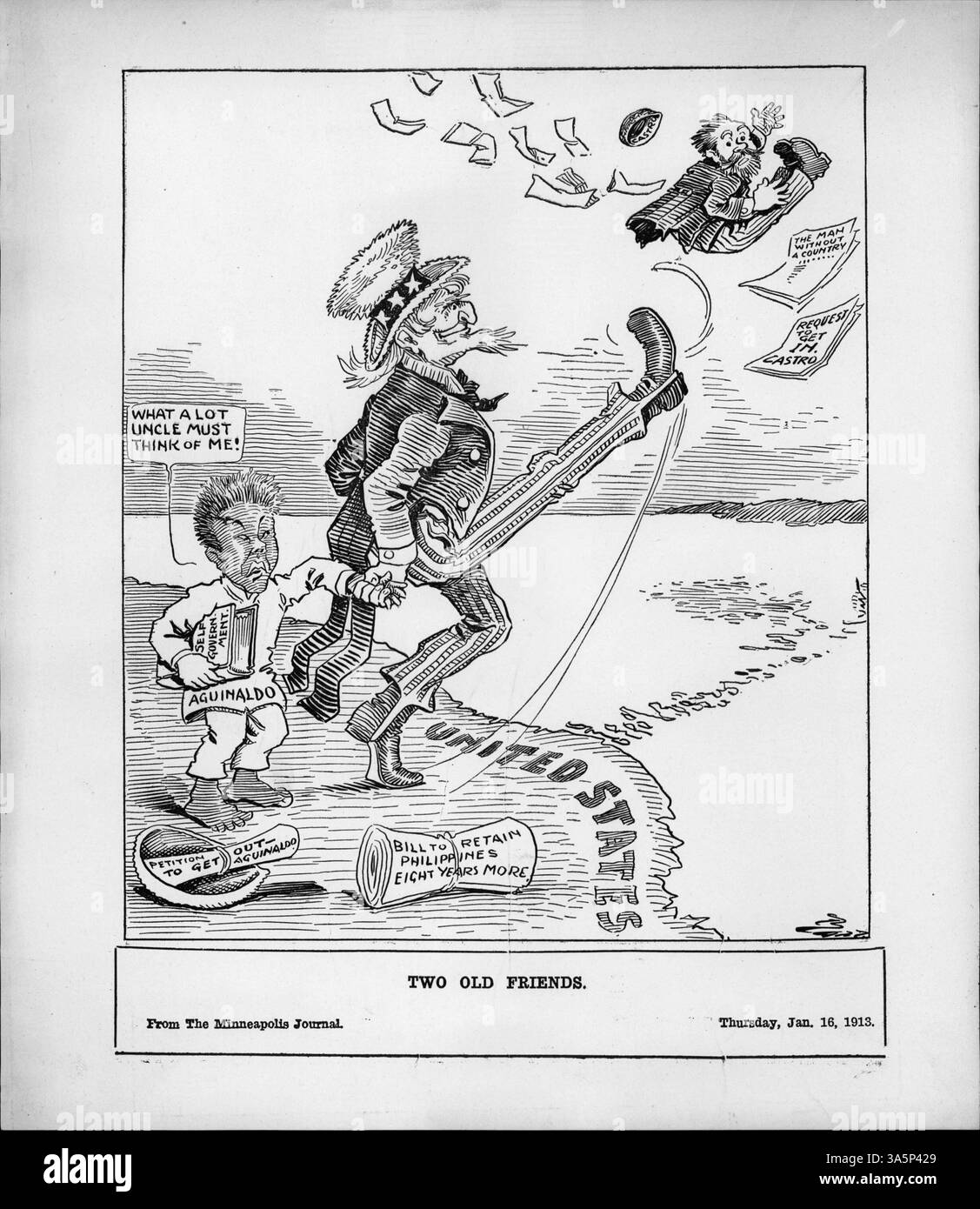 This illustration titled 'Two Old Friends' depicts Uncle Sam holding ...