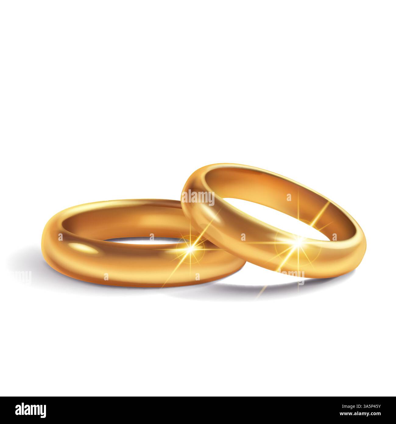 A pair of simple, shiny, polished gold wedding rings lying on a white ...