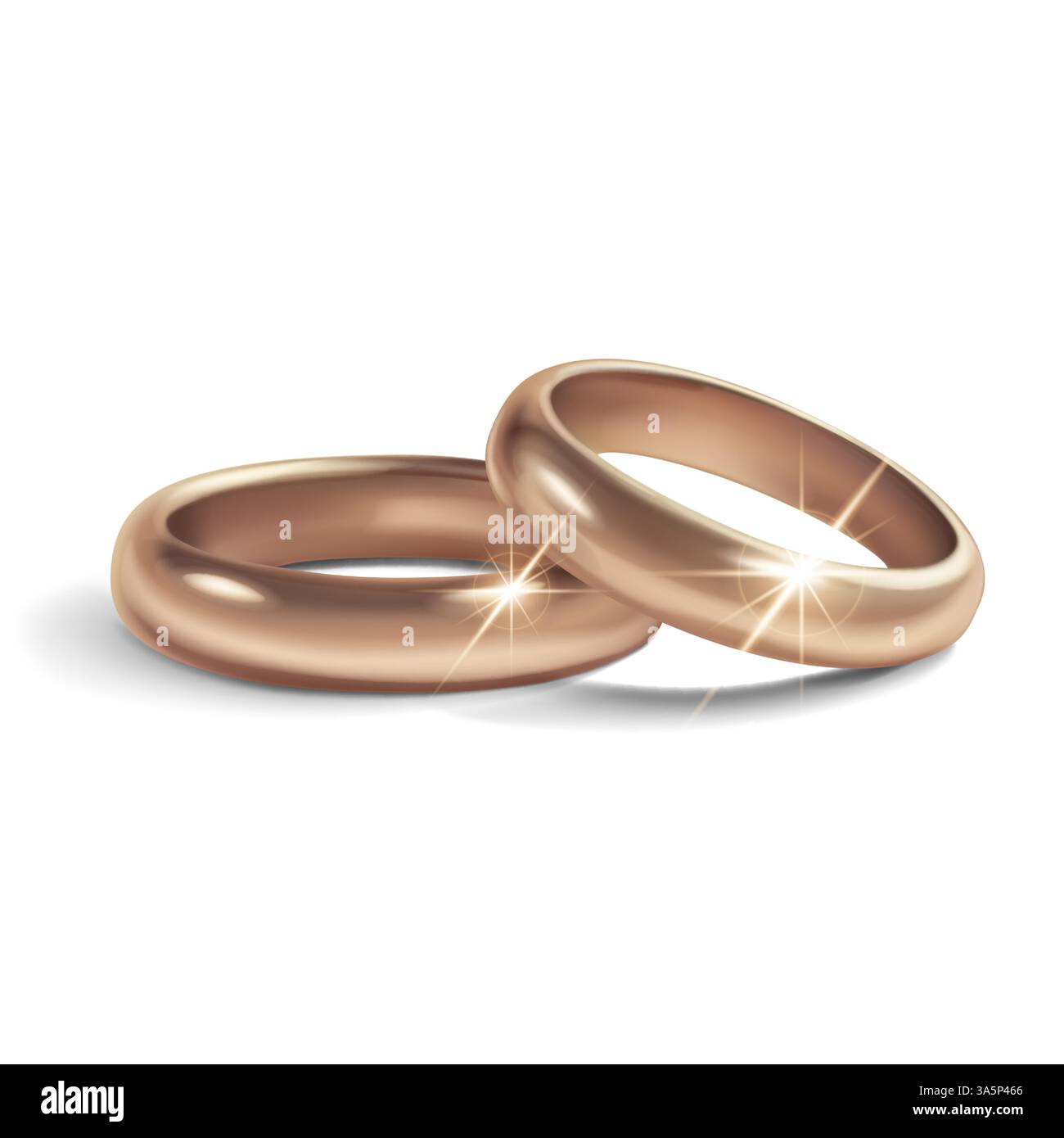 A pair of simple, shiny, polished rose gold wedding rings lying on a ...