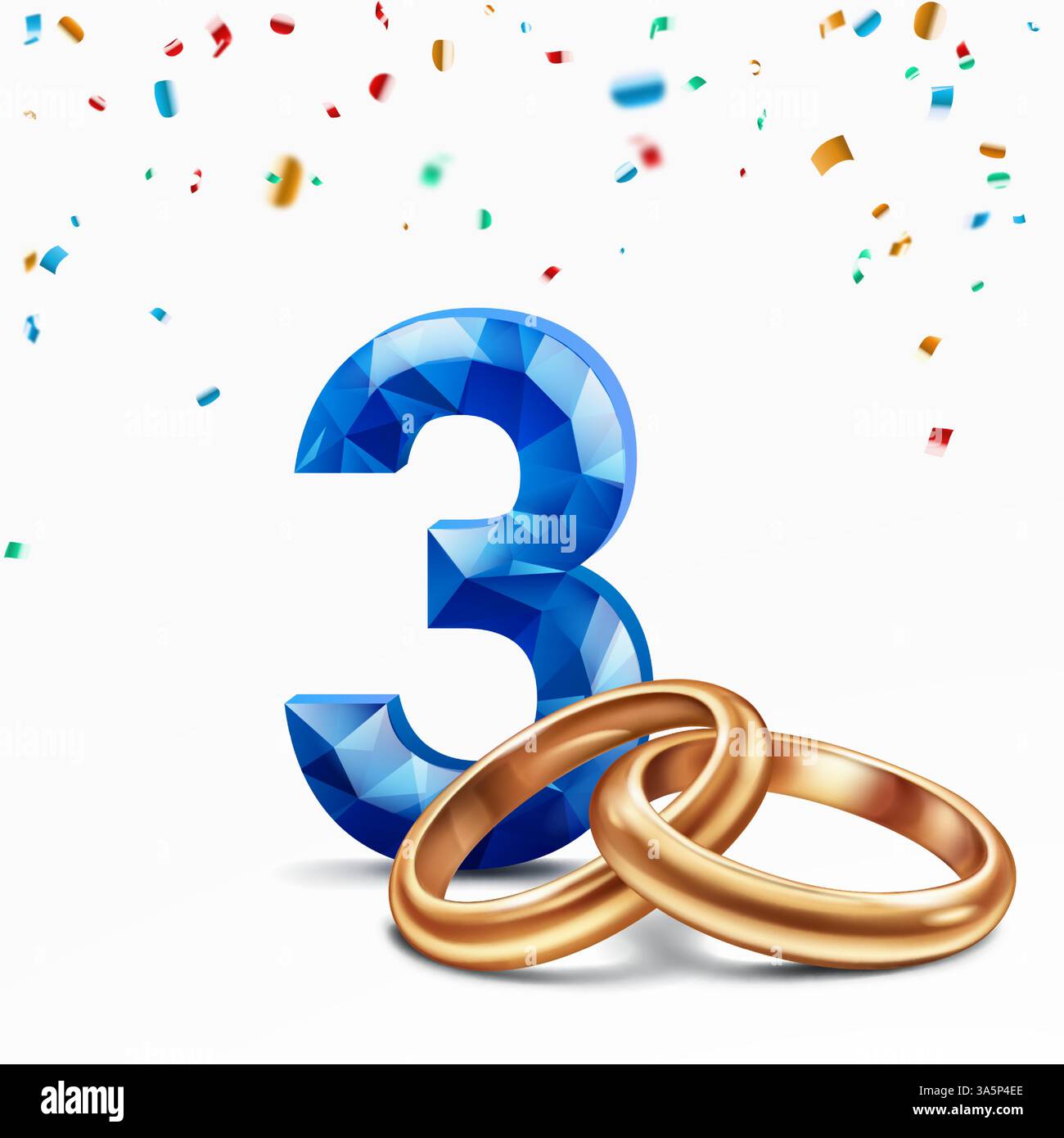 A blue faceted number 3 with intertwined golden wedding rings in the ...