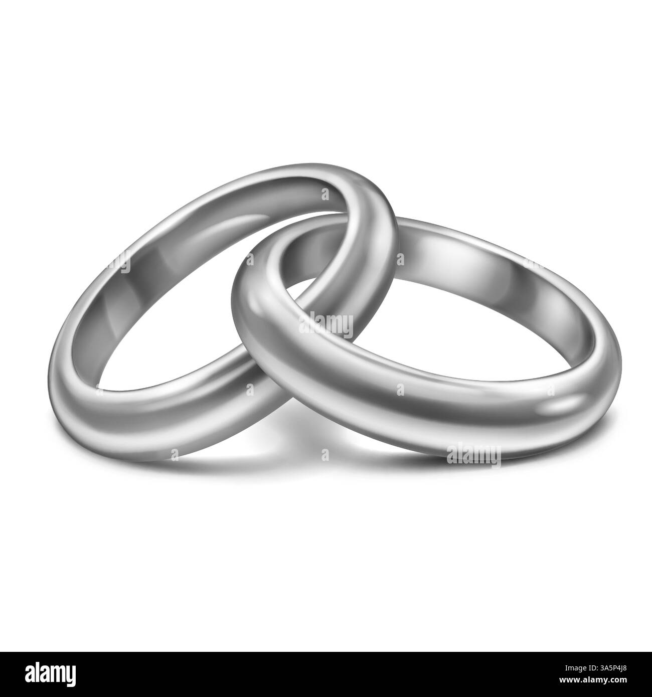 A pair of sleek, shiny, polished intertwined silver wedding rings ...