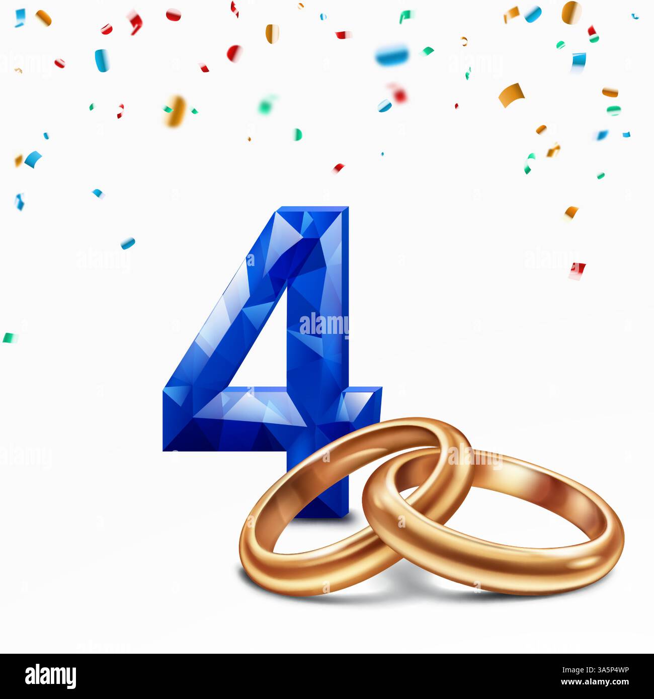 A blue faceted number 4 with intertwined golden wedding rings in the ...