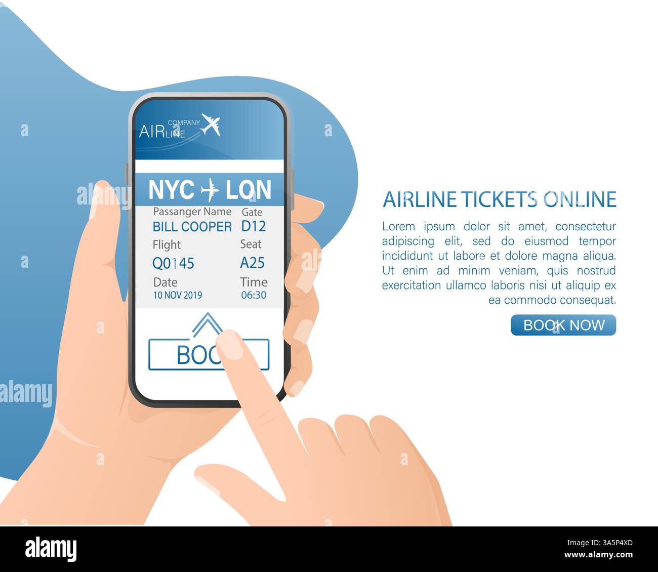 Airline tickets online with hands and smartphone in flat style ...