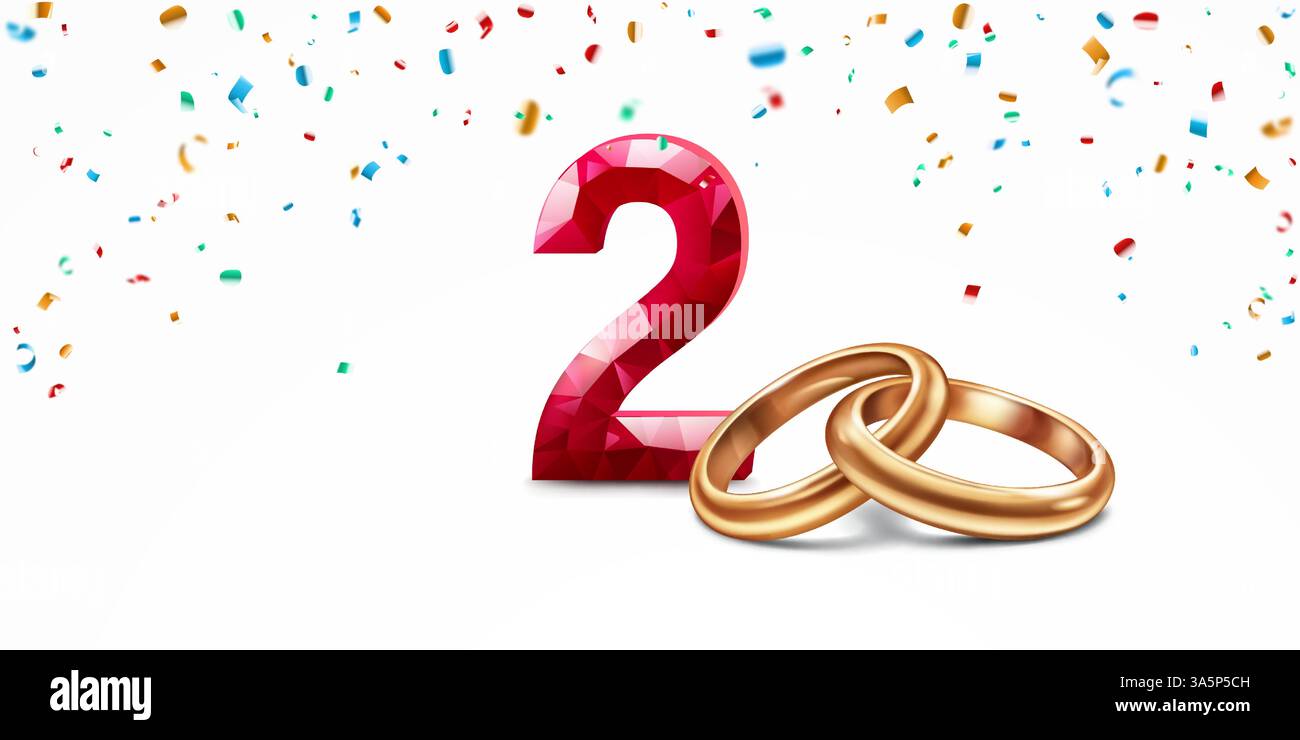 A red faceted number 2 with intertwined golden wedding rings in the ...