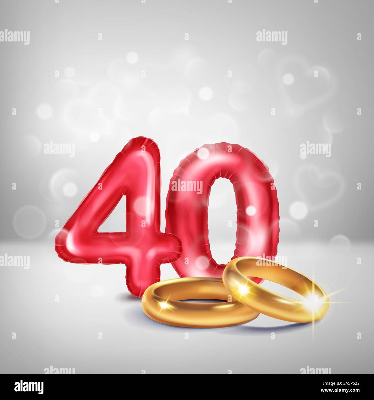 A red number 40 in the form of a balloons with two gold wedding rings ...