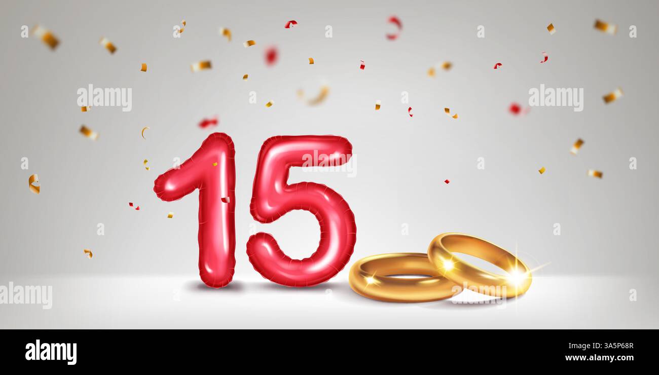 A red number 15 in the form of a balloons with two gold wedding rings ...