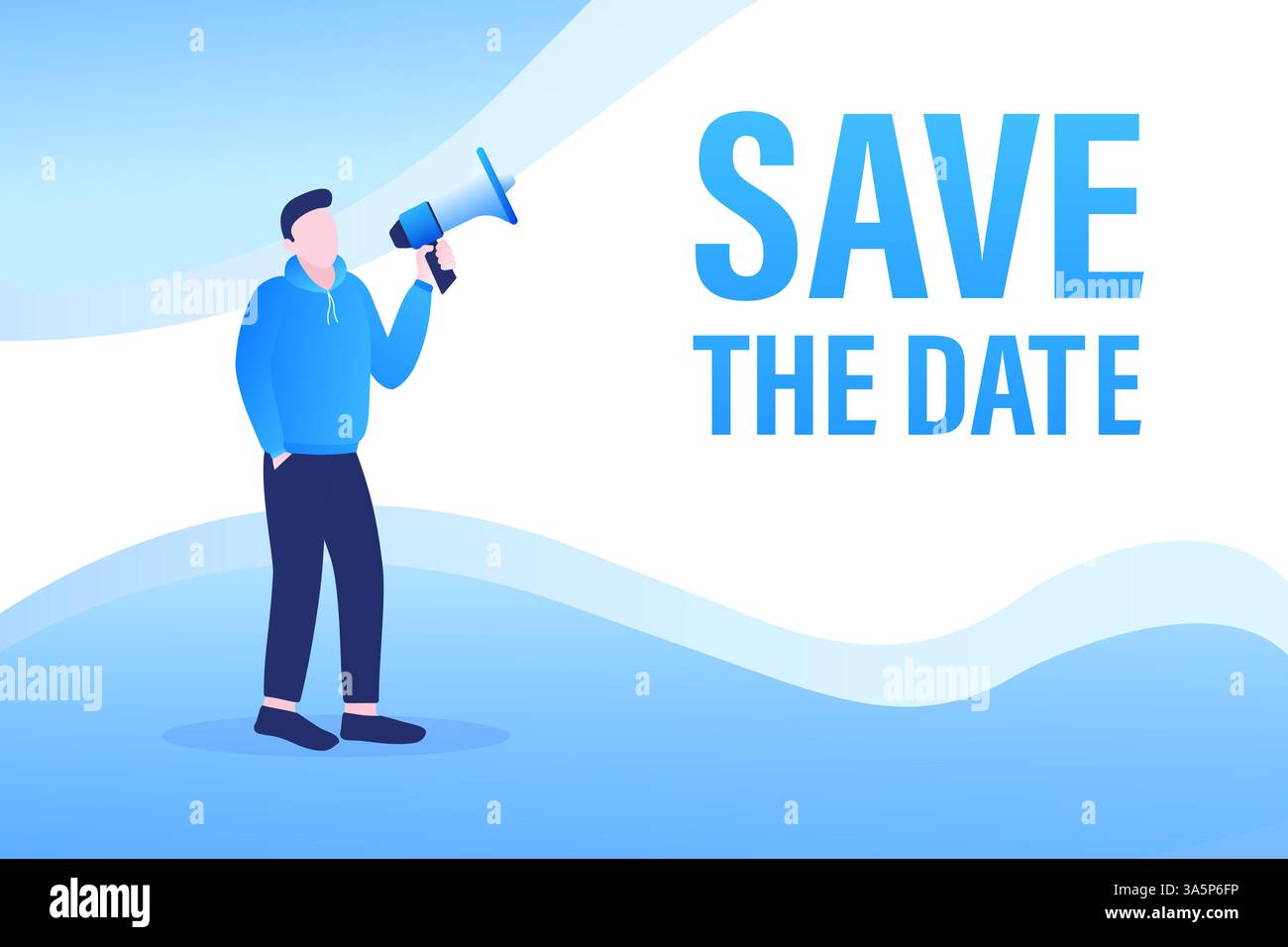 Template with blue save the megaphone on white background for flyer ...