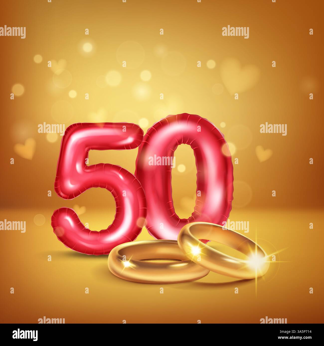 A red number 50 in the form of an inflatable balloons with two gold ...