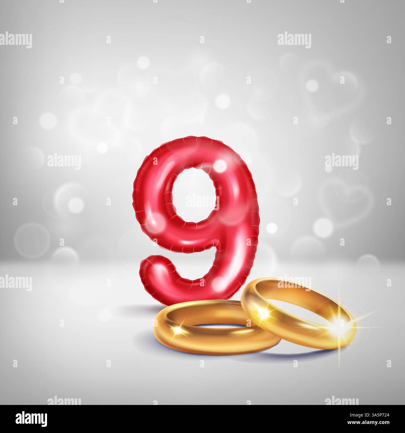 A red number 9 in the form of an inflatable balloon with two gold ...
