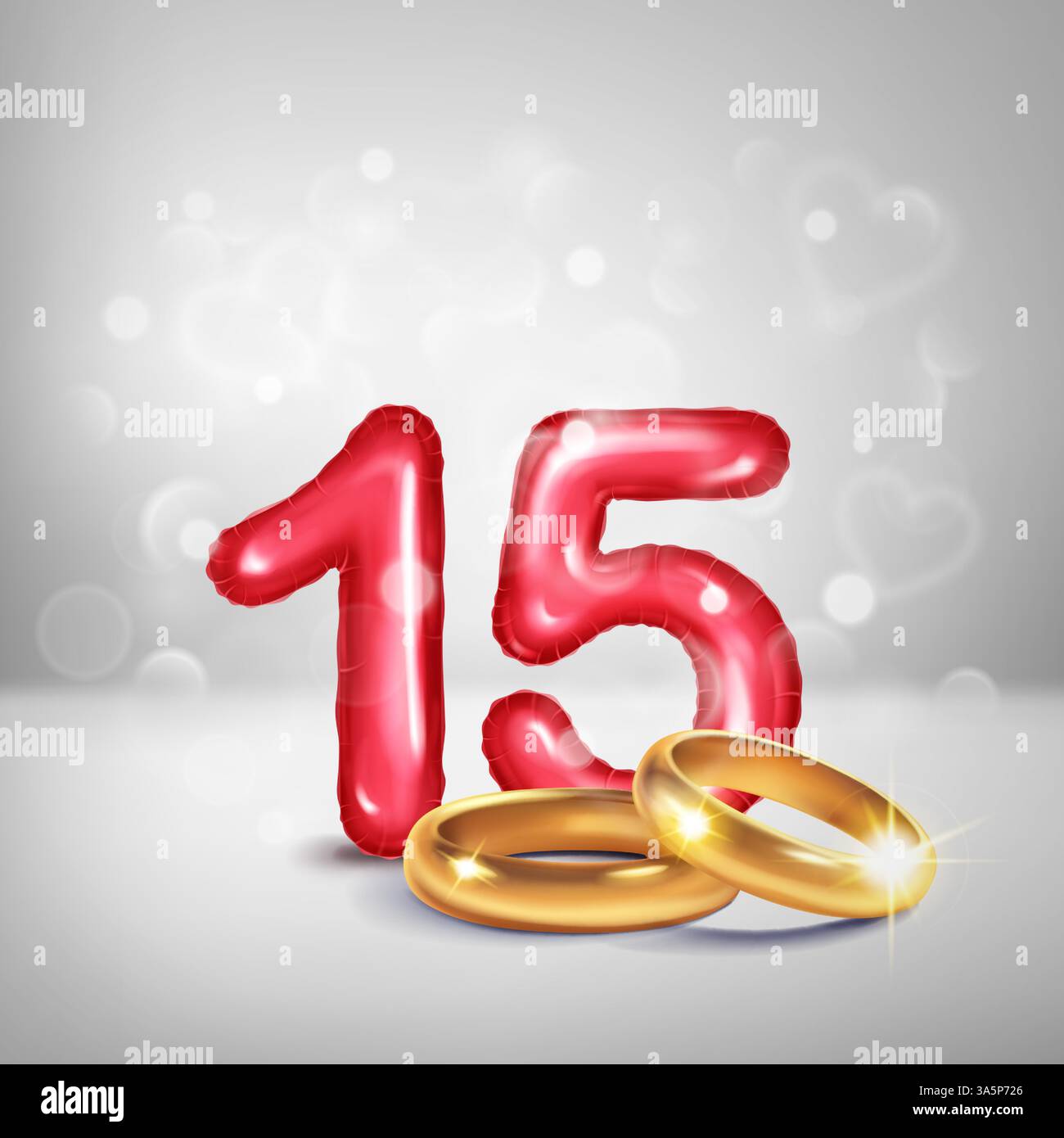 A red number 15 in the form of a balloons with two gold wedding rings ...