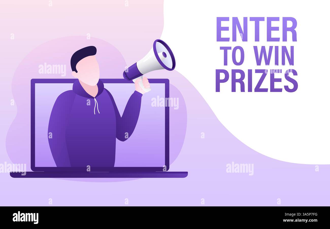 Cartoon character enter to win prizes. Holiday banner. Vector design ...