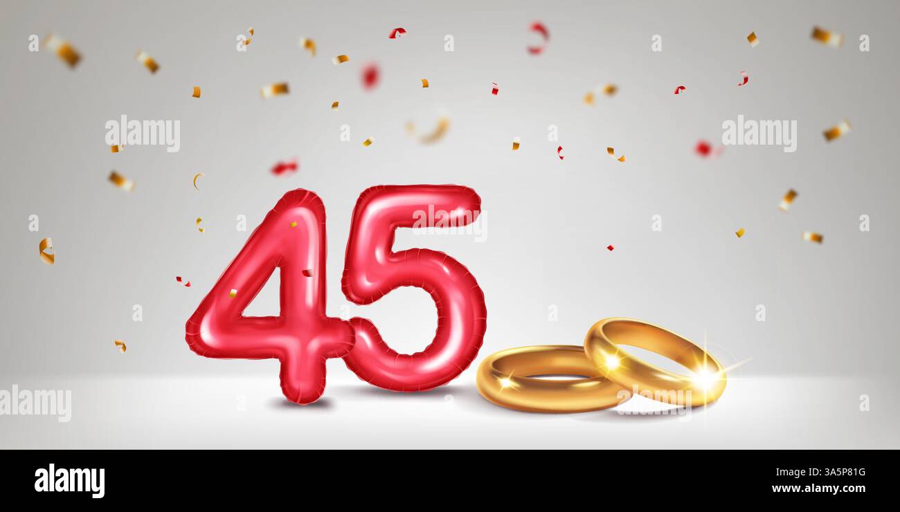 A red number 45 in the form of a balloons with two gold wedding rings ...