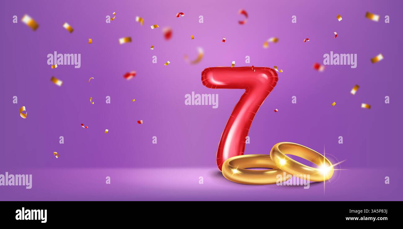 A red number 7 in the form of a balloon with two gold wedding rings ...