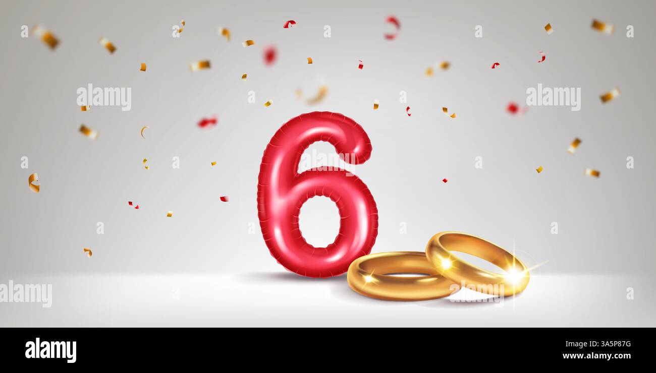 A red number 6 in the form of an inflatable balloon with two gold ...