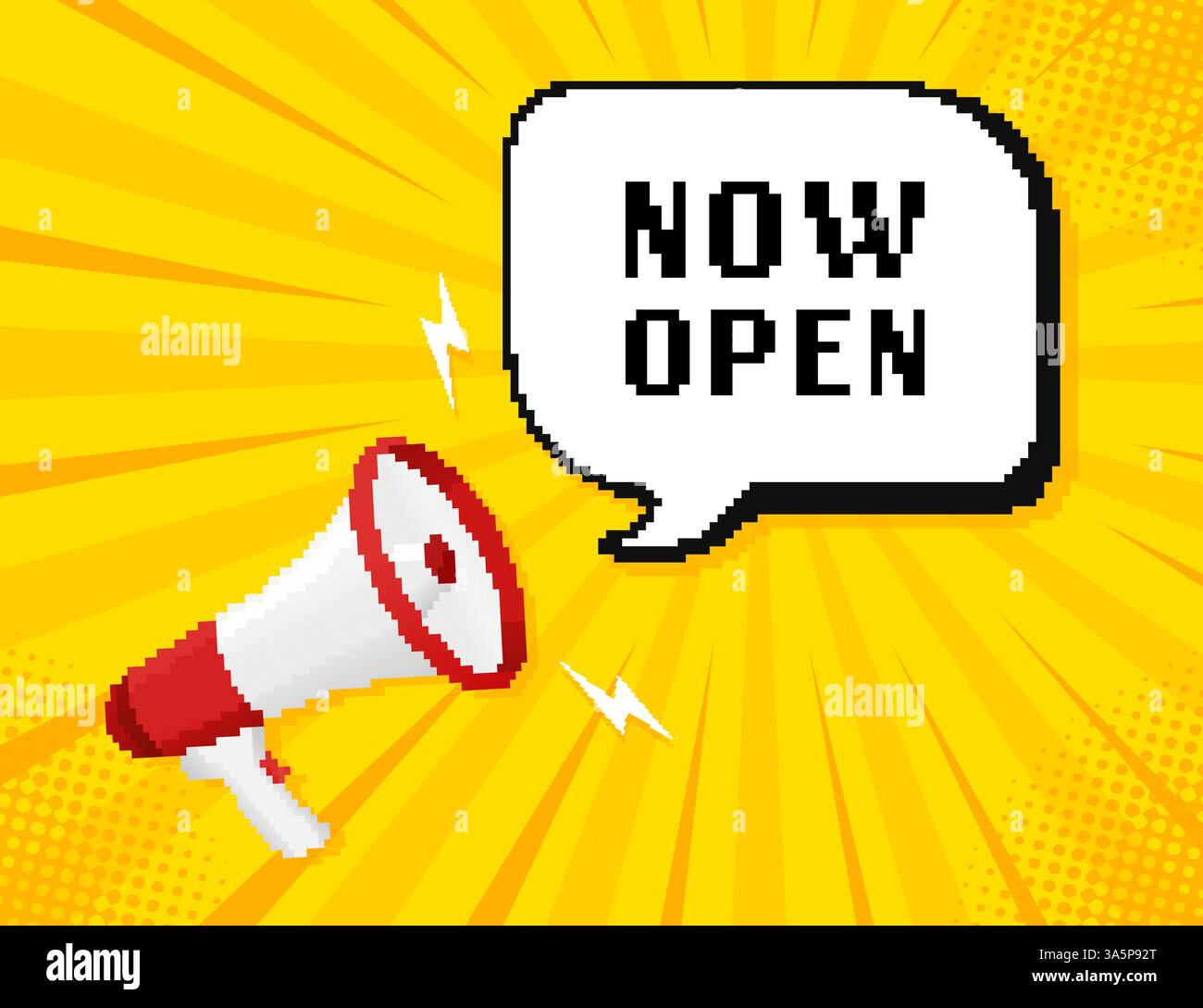 Now open megaphone. Pixel style illustration. Shop now. Design template ...