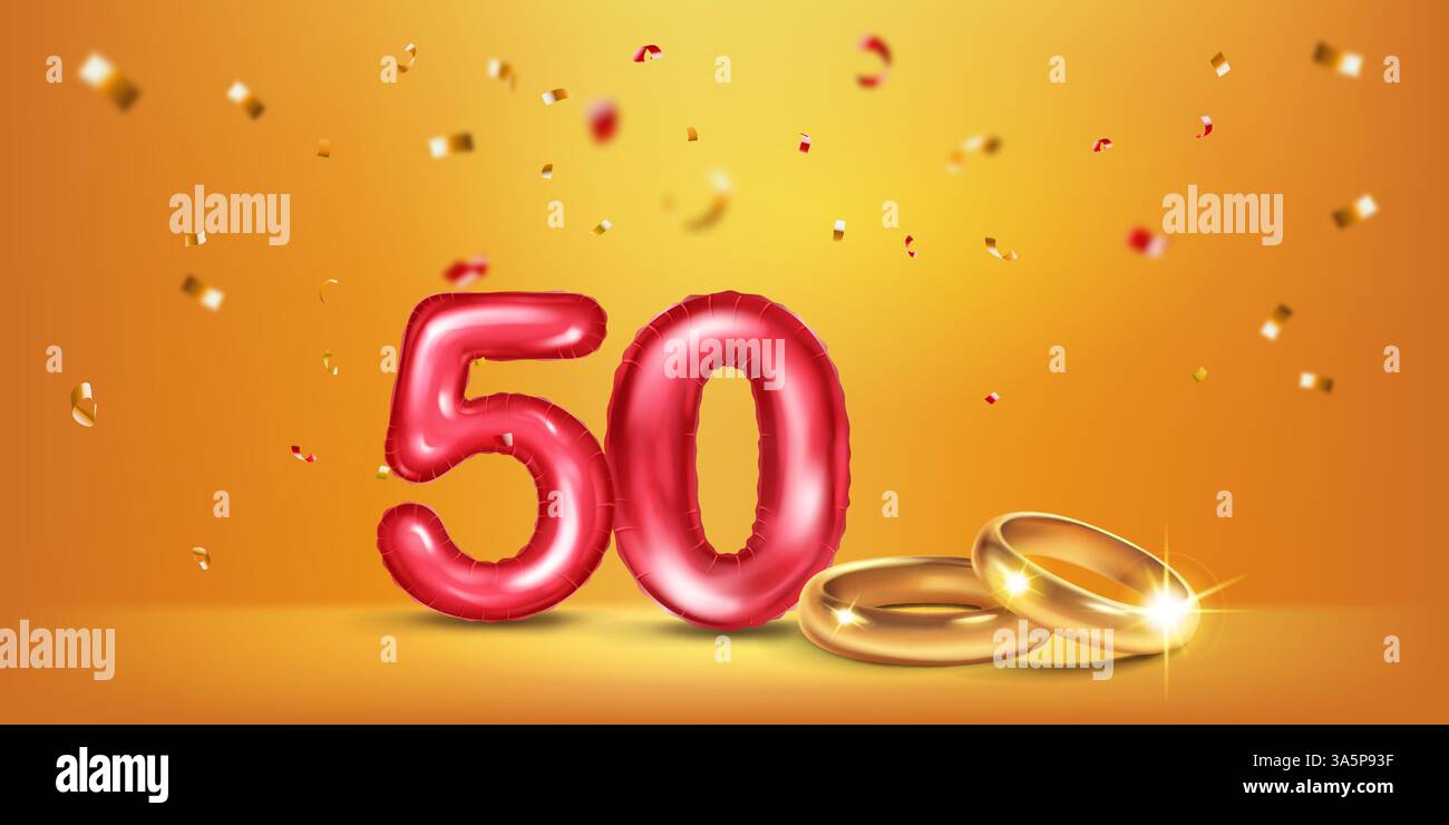 A red number 50 in the form of a balloons with two gold wedding rings ...