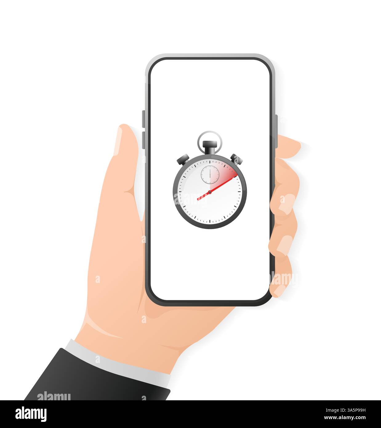 Cartoon icon with timer and smartphone with hand on white background ...