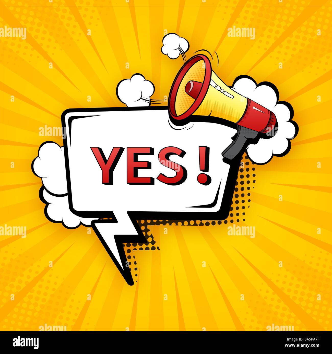 Yes sign illustration with megaphone. Pop style. Cartoon icon on color ...