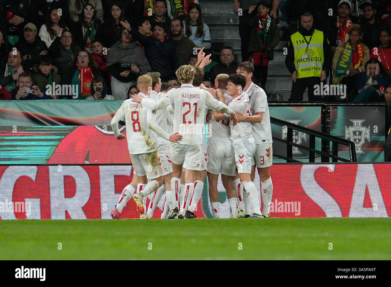 Denmark players celebrate a goal during the UEFA Nations League Quarter ...