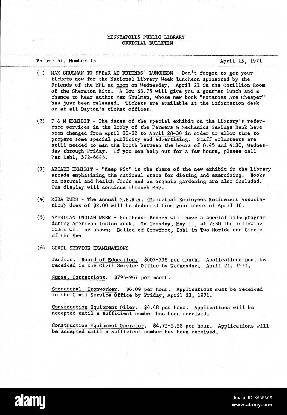 The 1971 Minneapolis Public Library Official Bulletin informs employees ...