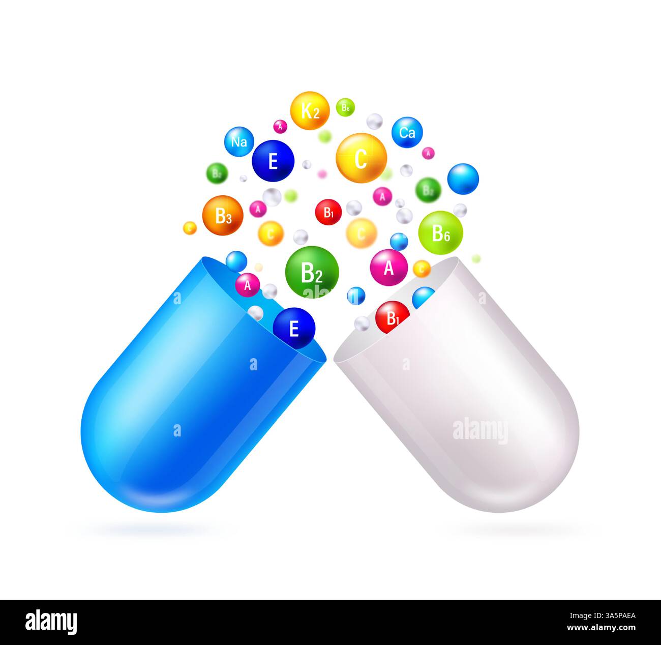 Open capsule pill with falling out colored molecules in realistic style ...