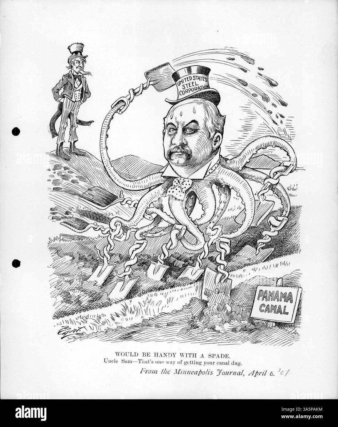 A political cartoon shows Uncle Sam overseeing the digging of the ...