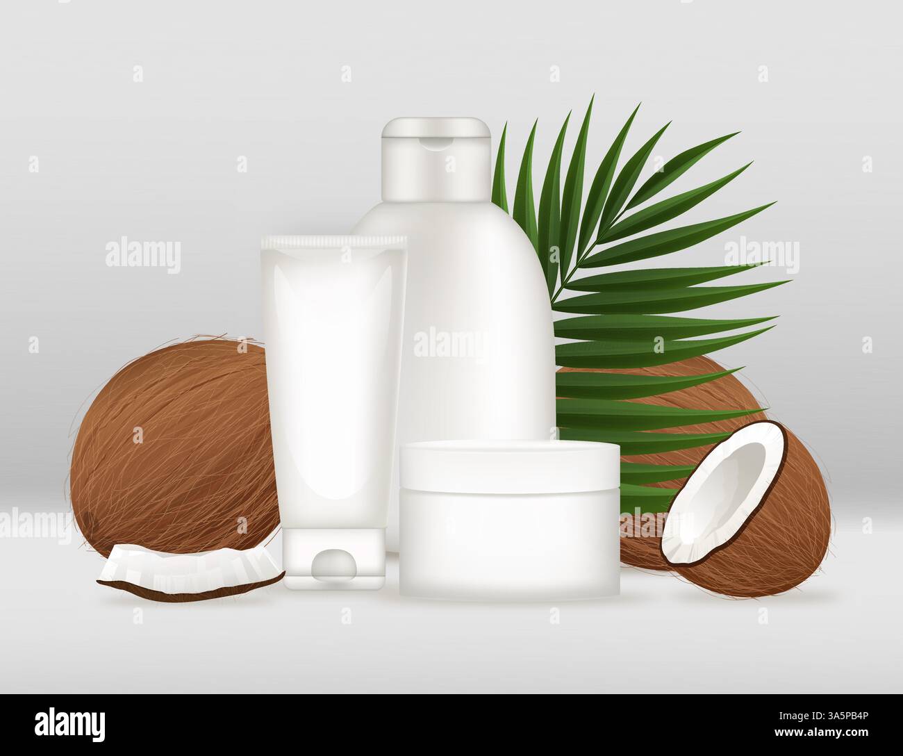 Cosmetic bottles and jars with coconuts and palm leaf promoting coconut ...