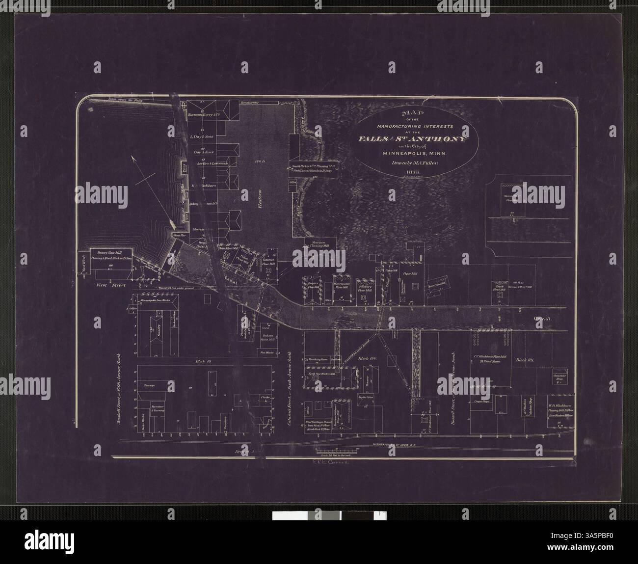 This 1873 blueprint map depicts the mills, storage facilities, and ...