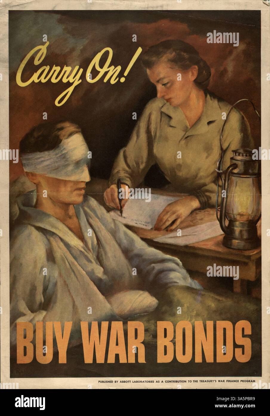 The 'Carry On! - Buy War Bonds' poster features a woman writing a ...