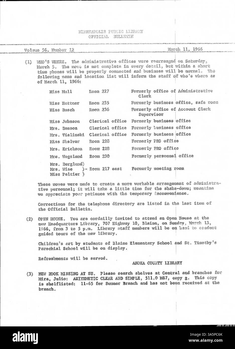 A 1966 weekly bulletin for employees of the Minneapolis Public Library ...