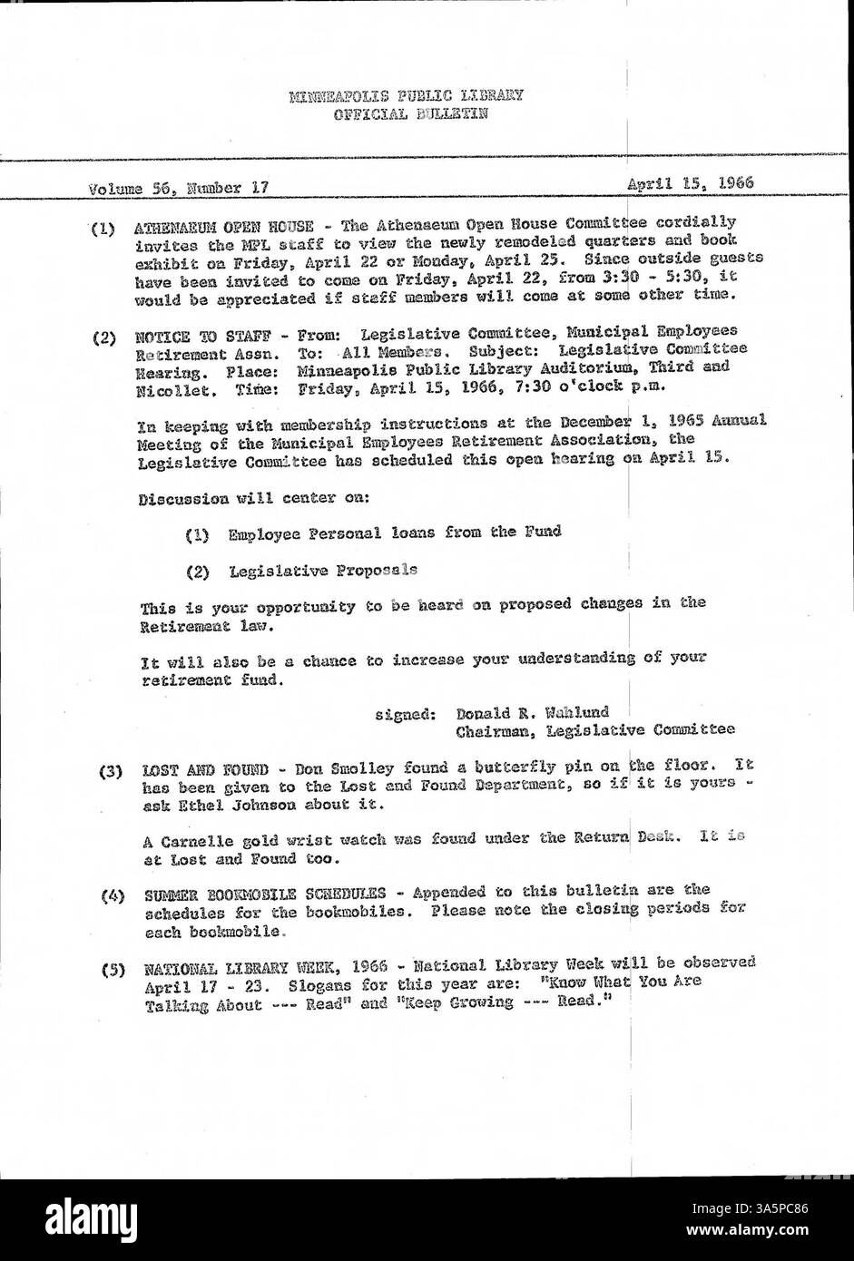 A 1966 weekly bulletin from the Minneapolis Public Library, offering ...