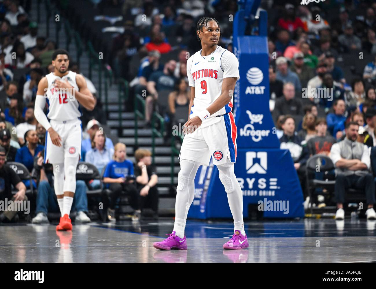 Detroit Pistons forward Ausar Thompson during a timeout during an NBA ...