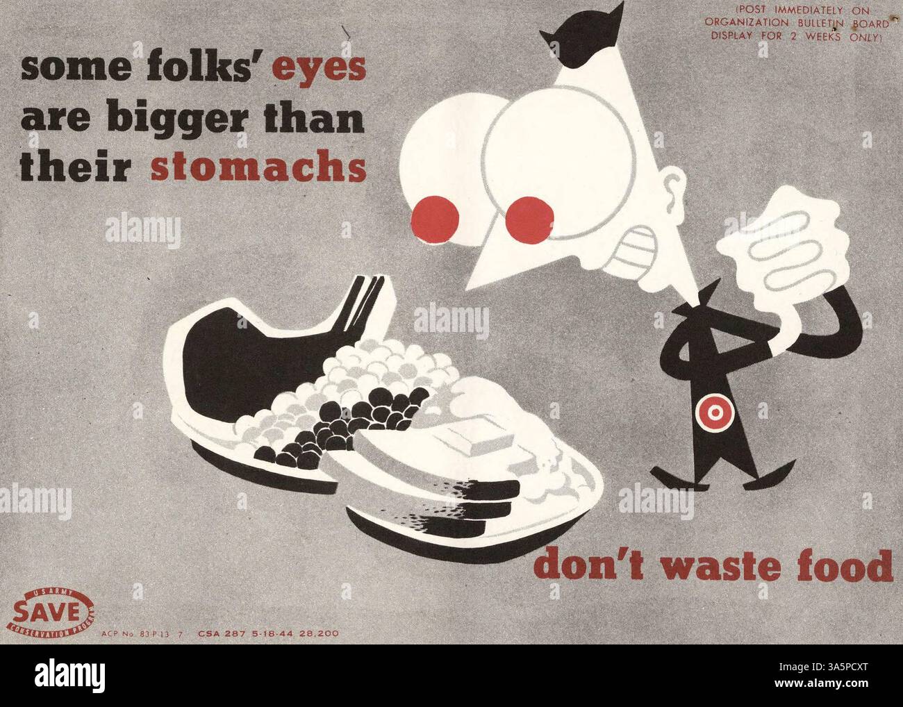 This wartime poster features a soldier staring at plates of food in a ...