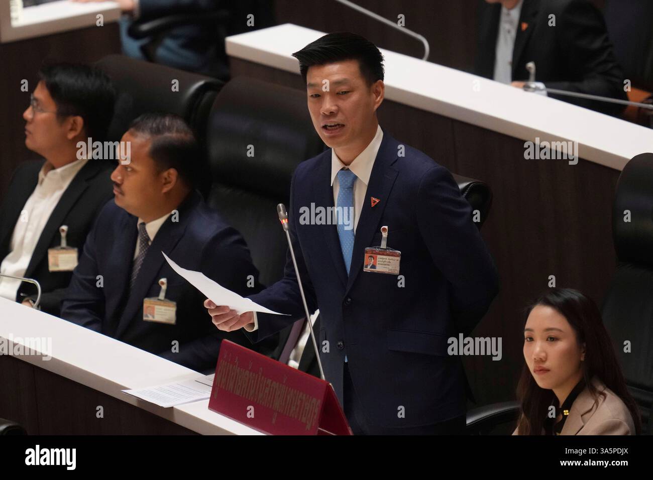 Leader of People's Party, Natthaphong Ruengpanyawut speaks during a no-confidence debate against ...
