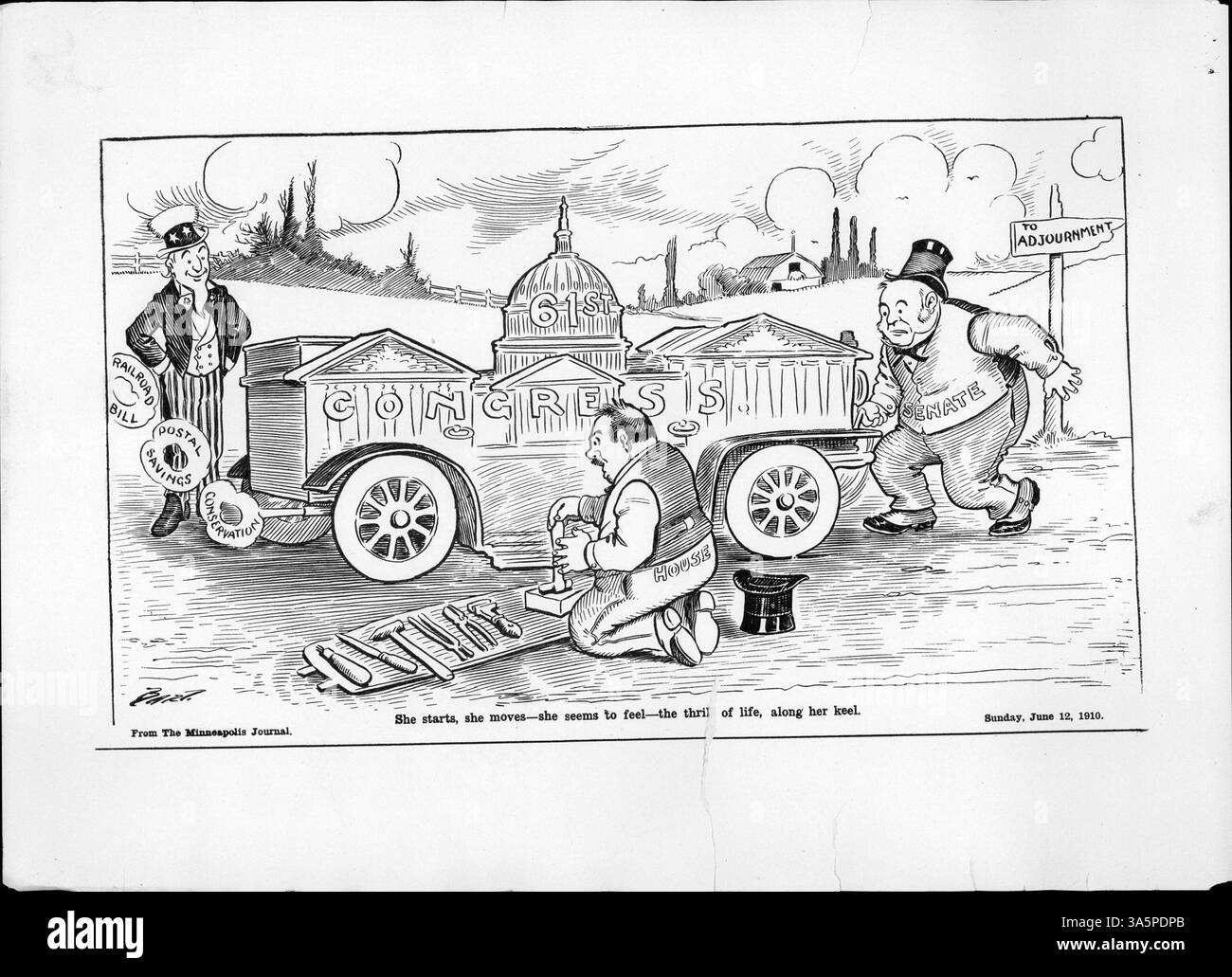 This cartoon from the 61st Congress depicts a car designed as the U.S ...