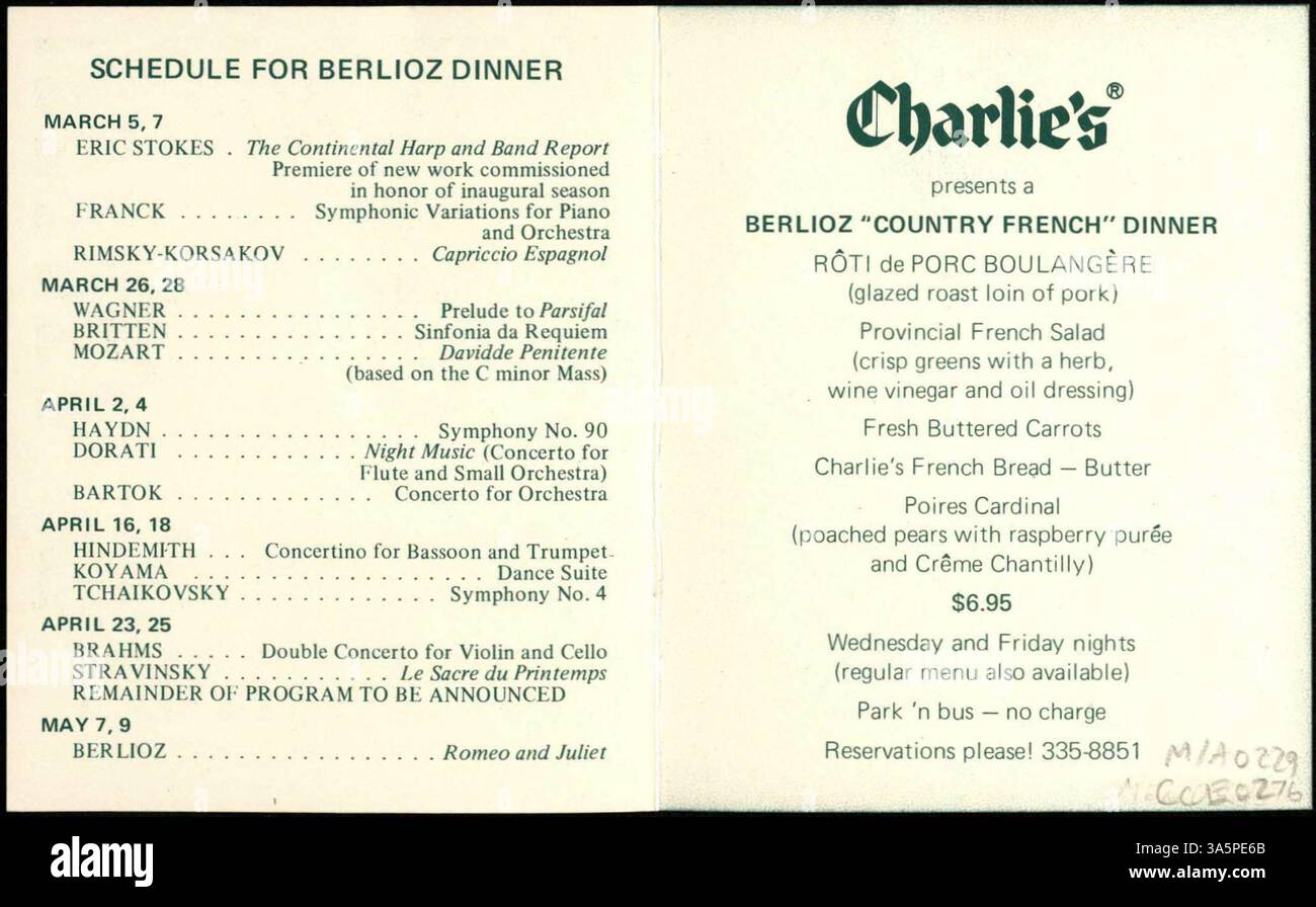 A 1975 dinner menu from Charlie's Cafe Exceptionale, showcasing a ...